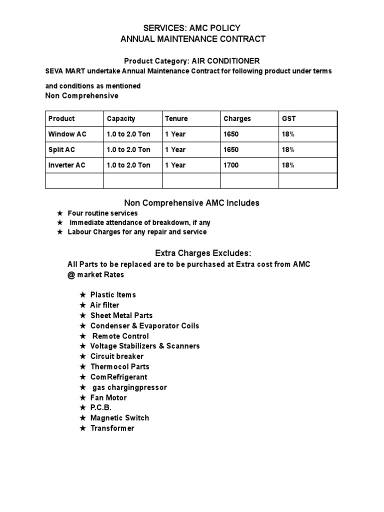 Air Conditioner AMC Agreement Details | PDF | Finance & Money ...
