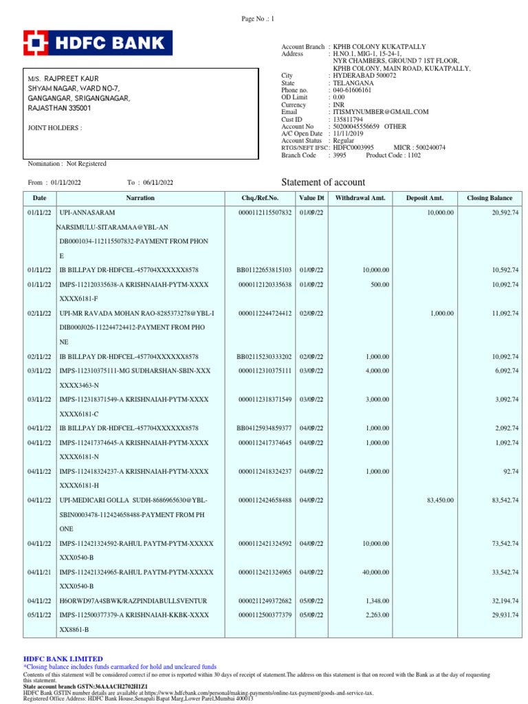 Bank Statement HDFC | PDF | Debits And Credits | Business Economics