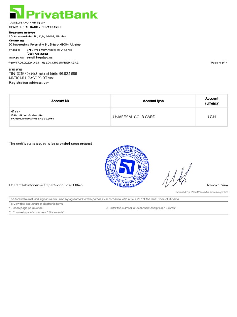 Bank Statement Privat Bank | PDF