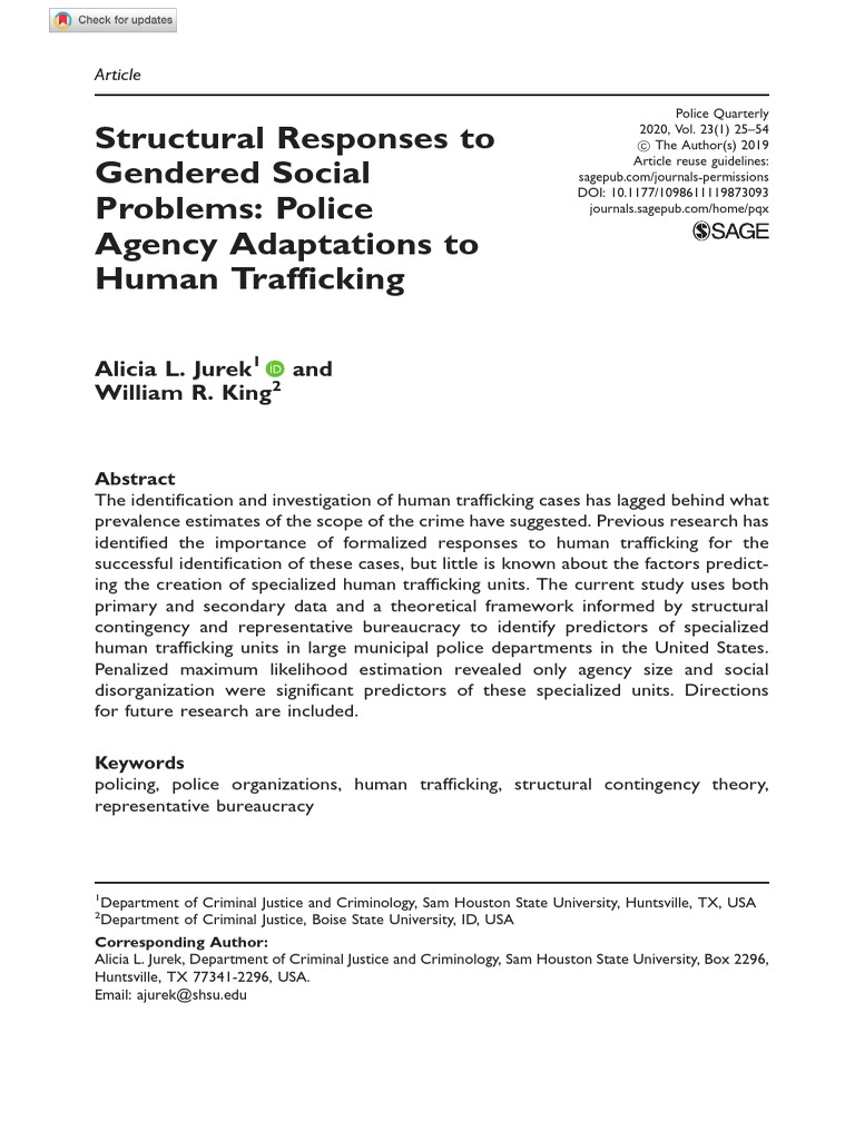 Structural Responses To Gendered Social Problems Police Agency Adaptations To Human Trafficking