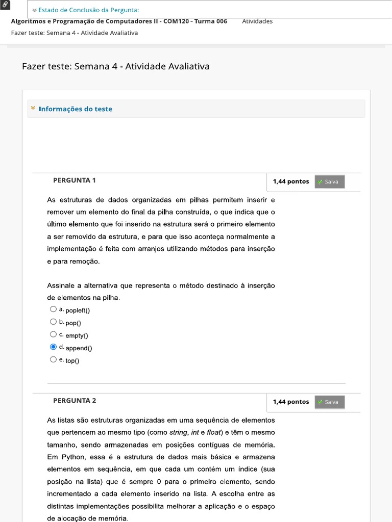 Semana 4 Atividade Avaliativa Algoritmos E Programação De