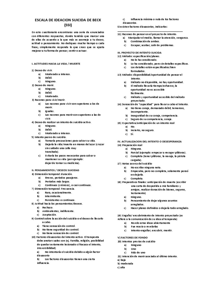 Escala de Ideacion Suicida de Beck | PDF