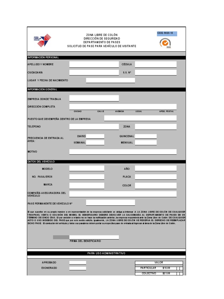 Solicitud de Pase Vehicular Zona Libre | PDF