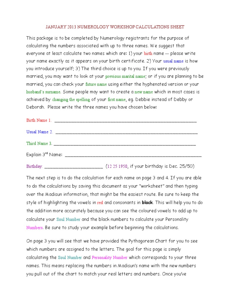 Numerology Calculation Sheet Chart216679820230611 | PDF