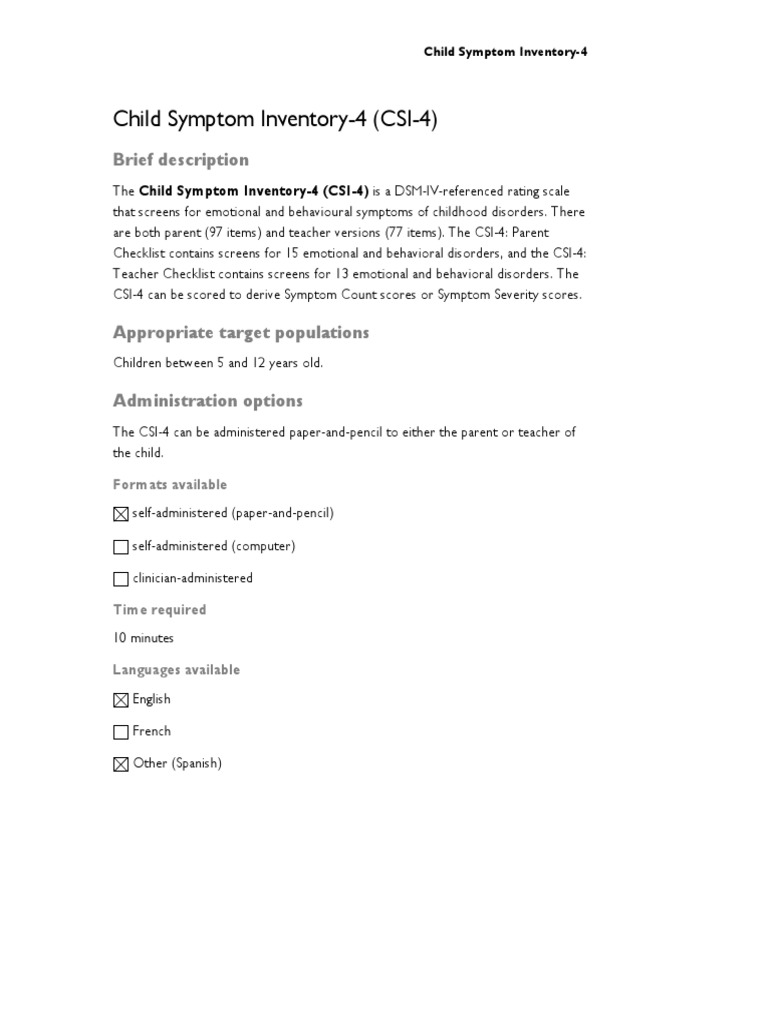 Child Symptom Inventory-4 (CSI-4) PDF | PDF