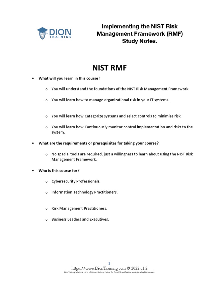 Implementing The NIST Risk Management Framework (RMF) Study Guide | PDF ...