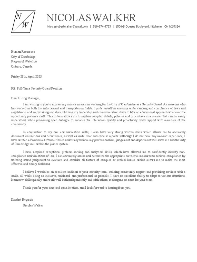 Nicolas Walker Cover Letter 2023 | PDF