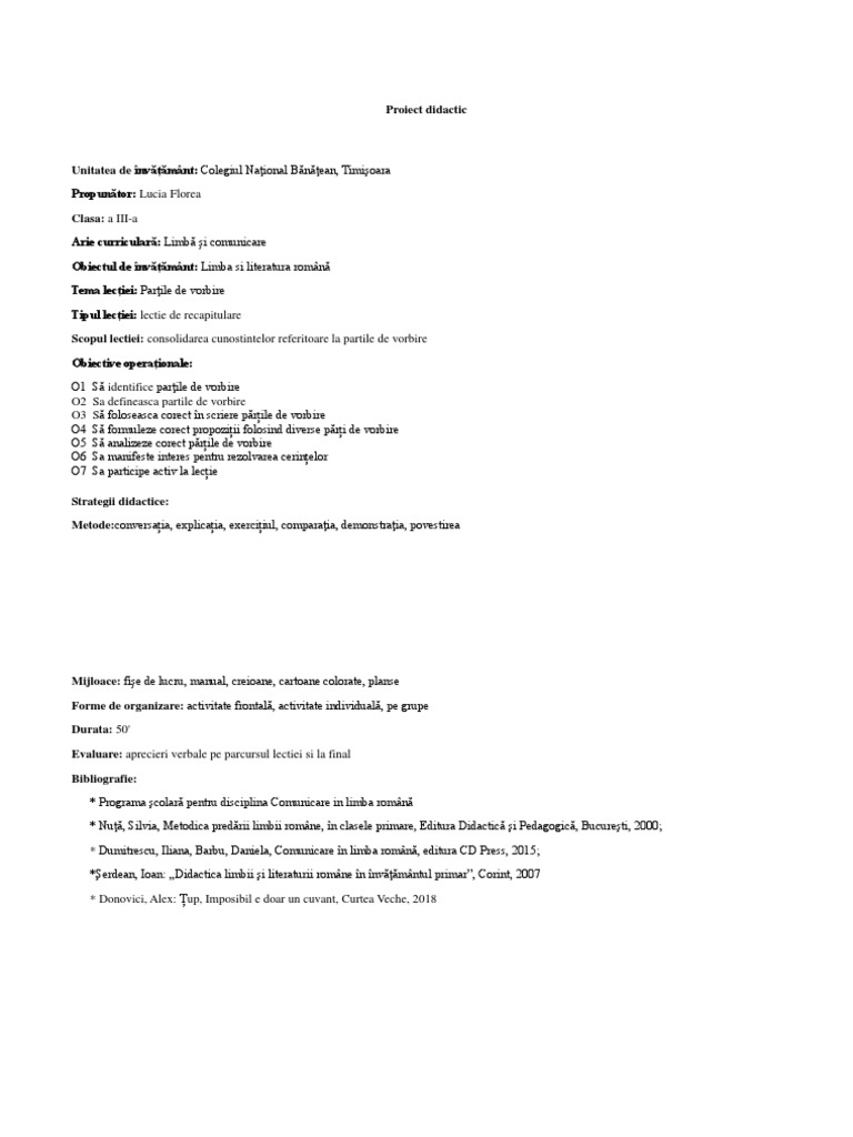 Proiect Recapitulare Parti de Vorbire Clasa III | PDF