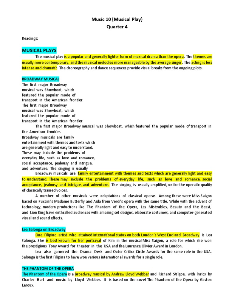Music 10 4th Q Musical PLay | PDF | The Phantom Of The Opera | Musical ...