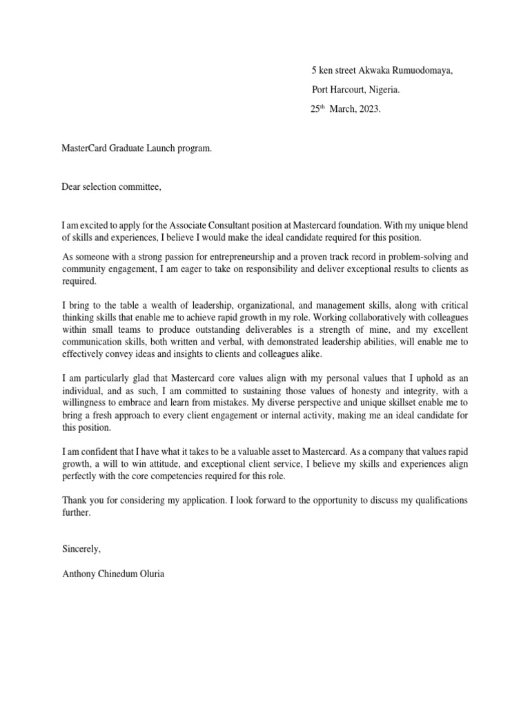 Cover Letter For Mastercard | PDF