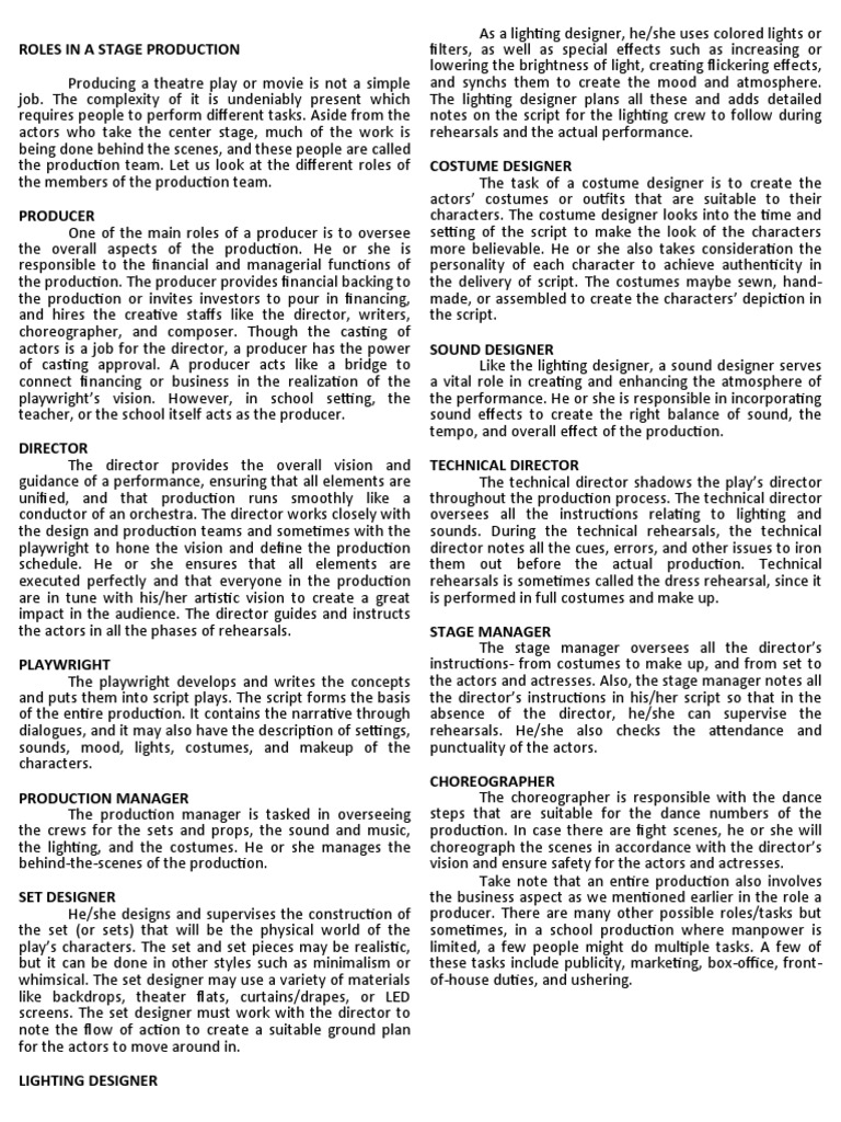 Roles of in A Stage Production | PDF | Theatre | Performing Arts
