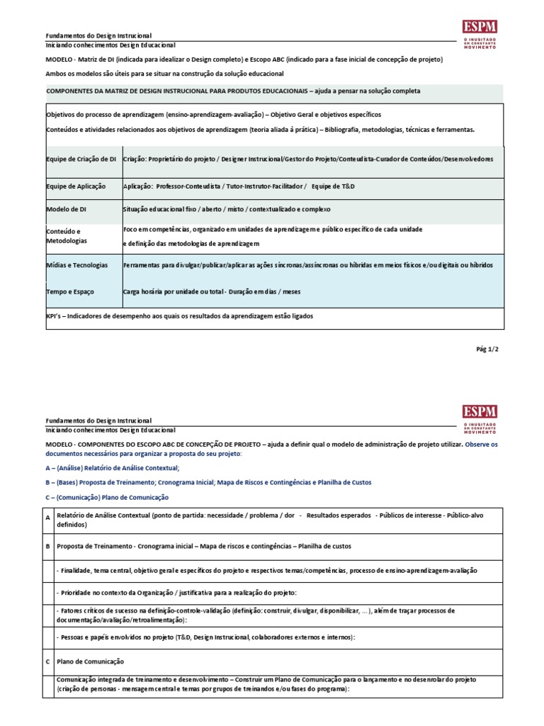 Modelo Matriz DI e Matriz Escopo ABC | PDF | Design instrucional ...