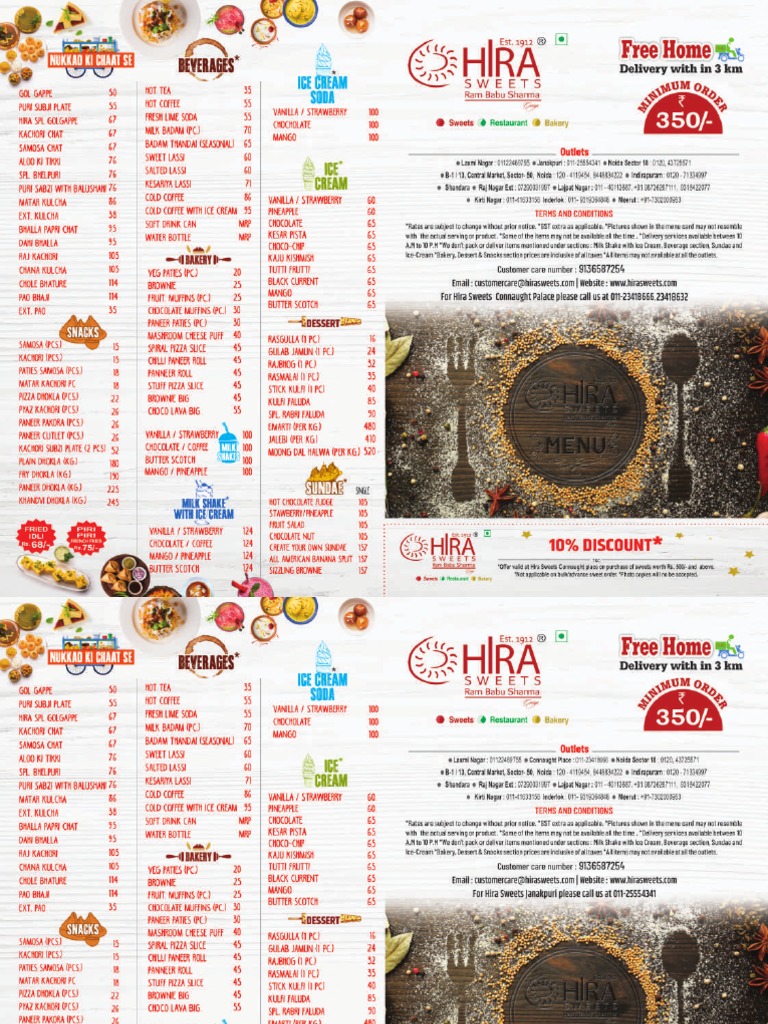 Hira Sweets Delhi Food Menu | PDF