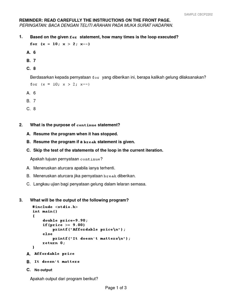 Sample MCQ CBCP2202 | PDF | Control Flow | Parameter (Computer Programming)