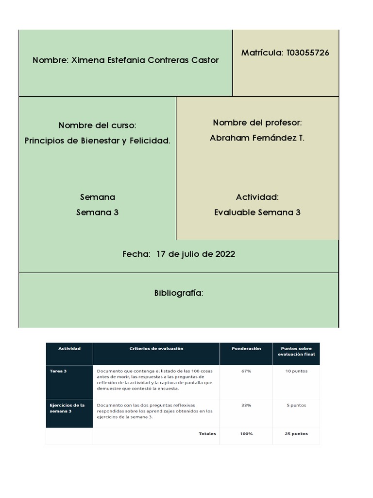 Semana 3 Principios de Bienestar y Felicidad Ximena Contreras | PDF