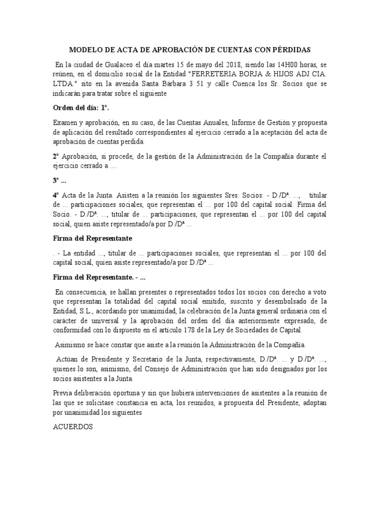 Modelo de Acta de Aprobación de Cuentas Con Pérdidas | PDF | Gobierno