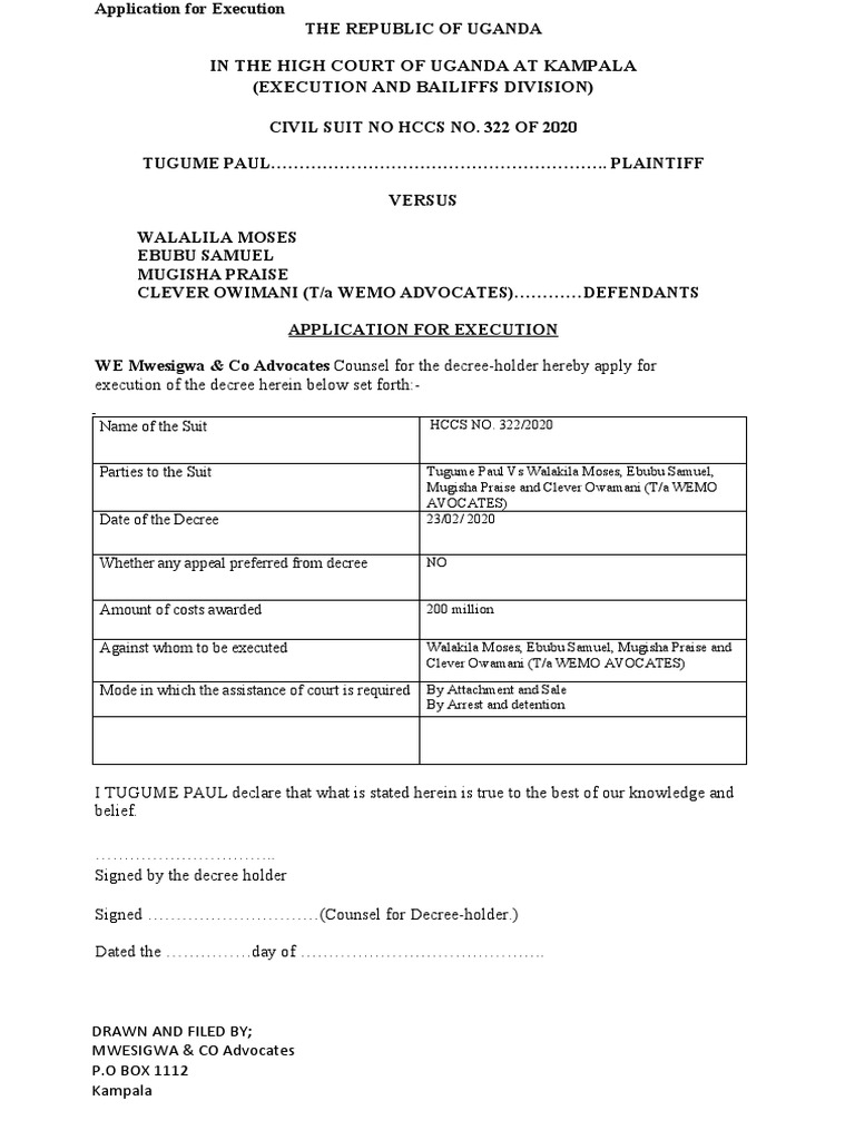Application for Execution of Decree Uganda | PDF