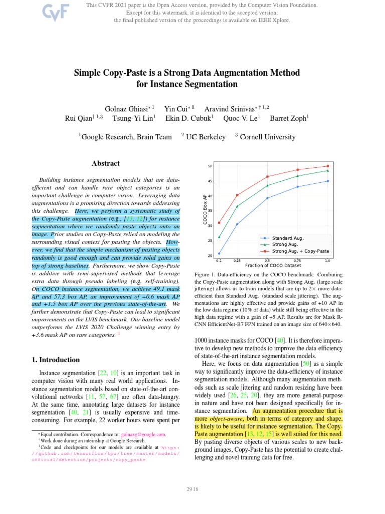 Ghiasi Simple Copy Paste Is A Strong Data Augmentation Method For Instance Cvpr 2021 Paper Pdf