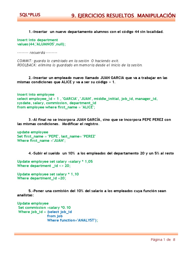 I Parte SQL Plus 8 Manipulacion Datos Resueltos | PDF