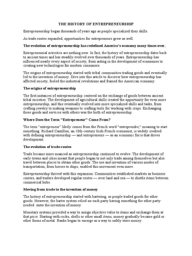 The History of Entrepreneurship | PDF | Entrepreneurship | Industrial ...