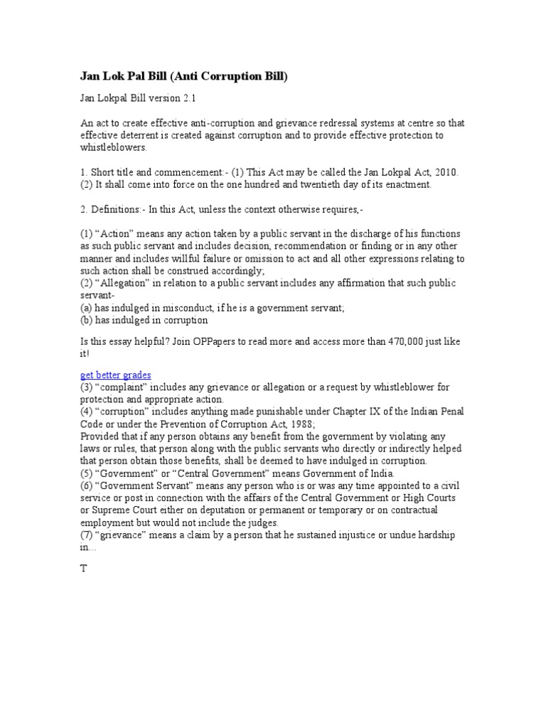 Jan Lok Pal Bill (Anti Corruption Bill) : Get Better Grades | Download ...