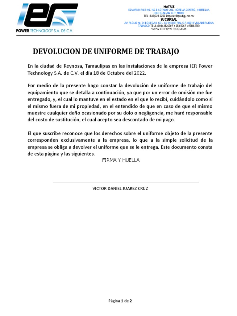 DEVOLUCION DE UNIFORME | PDF