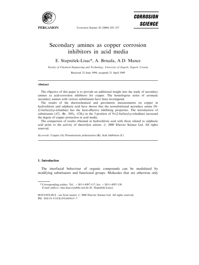 Secondary Amines As Copper Corrosion Inhibitors in Acid Media | PDF ...