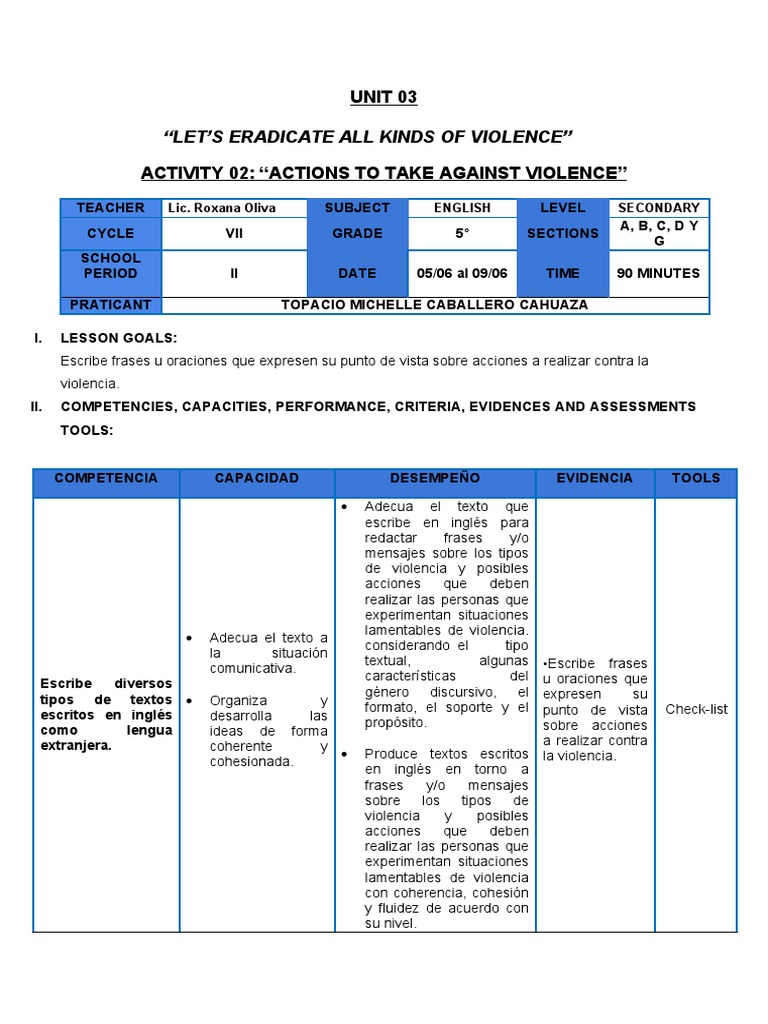 ACTIVITY 02 ACTIONS TO TAKE AGAINST VIOLENCE 5to | PDF | Lingüística