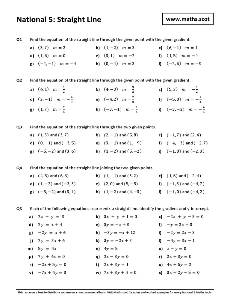 Nat5 Maths Straight Line Worksheet | PDF | Mathematics