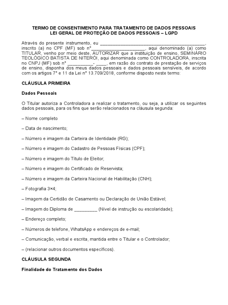 Termo de Consentimento LGPD para Dados Pessoais | PDF | Direito