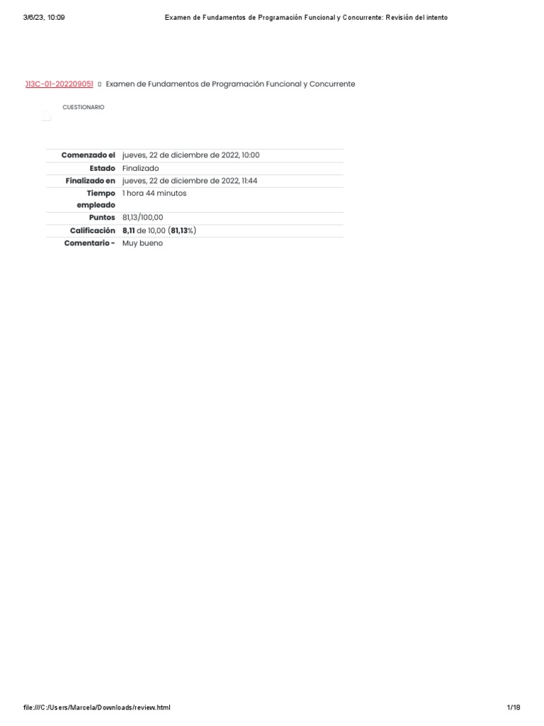 Examen de Fundamentos de Programación Funcional y Concurrente - Revisión Del Intento1 | PDF ...