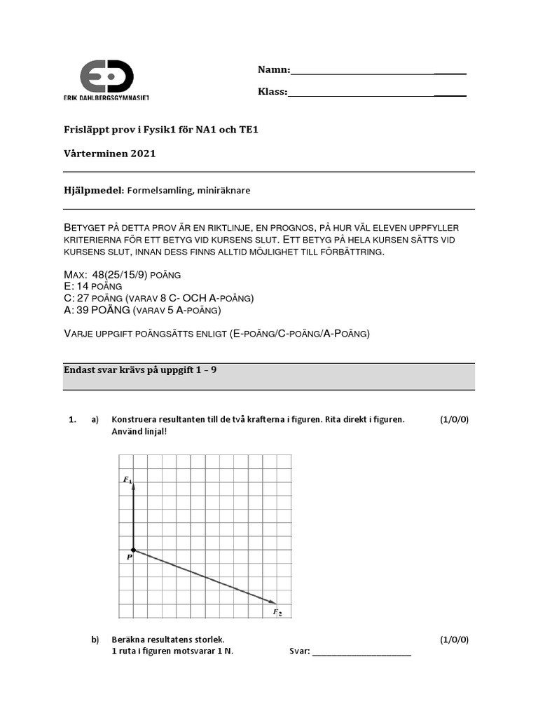 Övningsprov 2 Fysik 1 vt-21 (Kraft Och Energi) | PDF