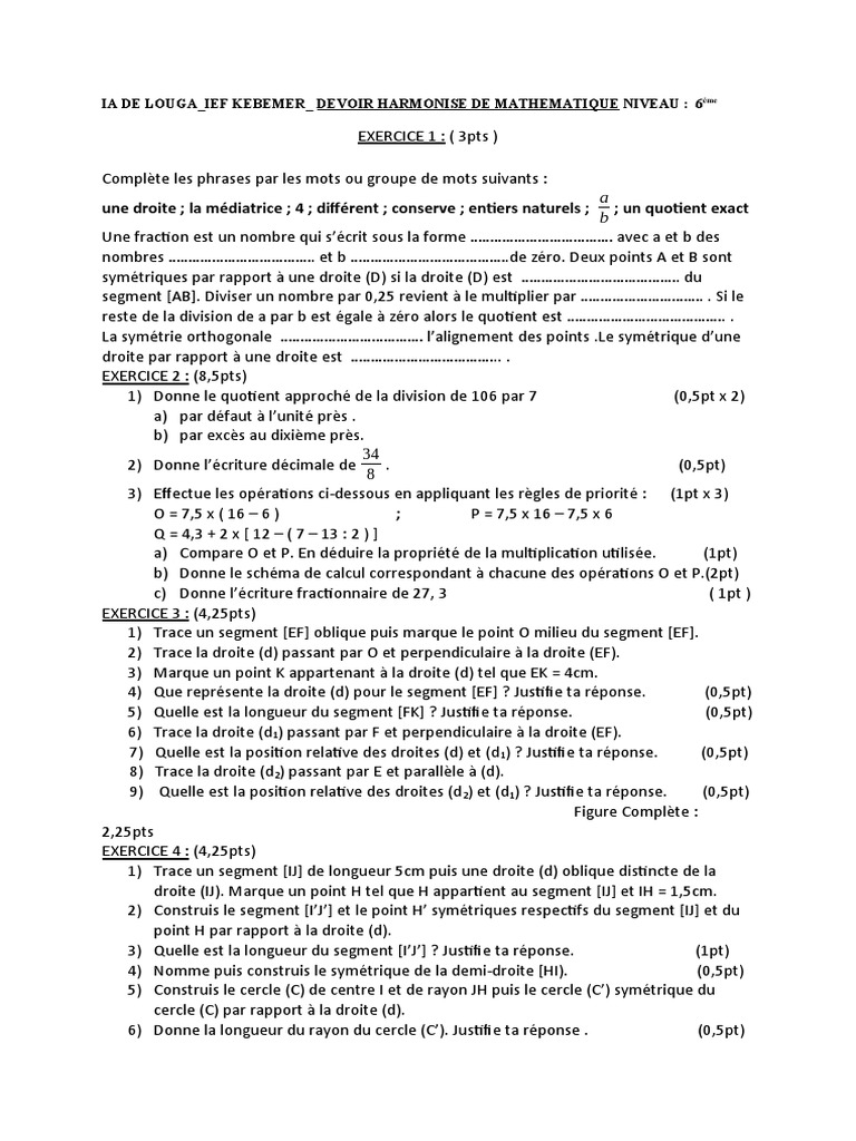 Devoir de Maths 6ème : Opérations et Géométrie | PDF | Algèbre générale ...