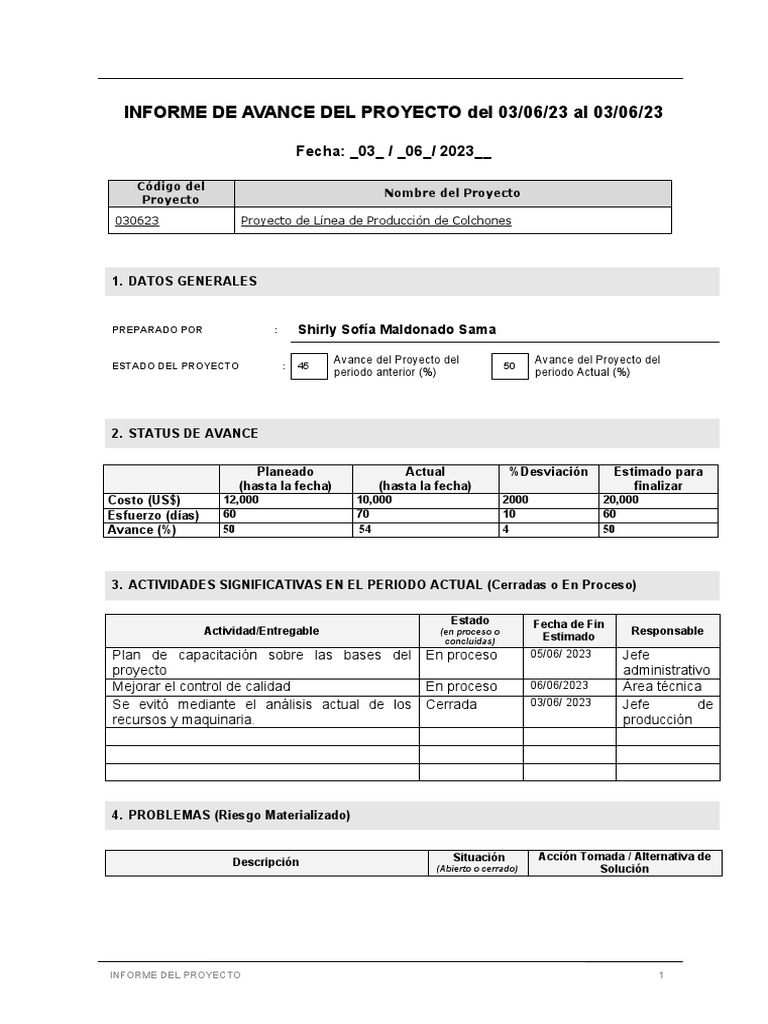 Semana 10 - Word - Formato de Informe de Avance Del Proyecto Tarea 3 - Gestion de Proyectos | PDF