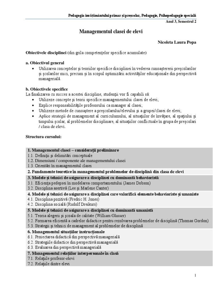 Managementul Clasei de Elevi Curs 2023 | PDF