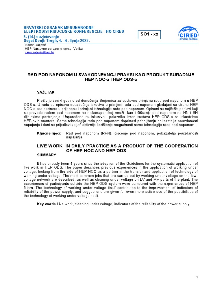 Raljevic - SO1 - Rad pod naponom u svakodnevnoj praksi kao produkt suradnje HEP NOC-a i HEP ODS ...
