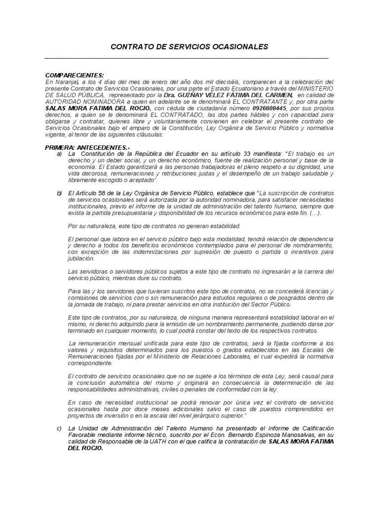 Modelo Contrato Ocasional Losep 2 | PDF | Derecho laboral | Salario