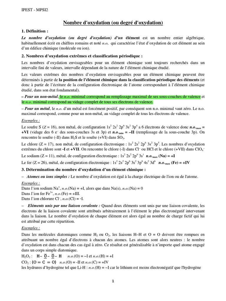 Définition et calcul du nombre d'oxydation | PDF | Sciences et ...