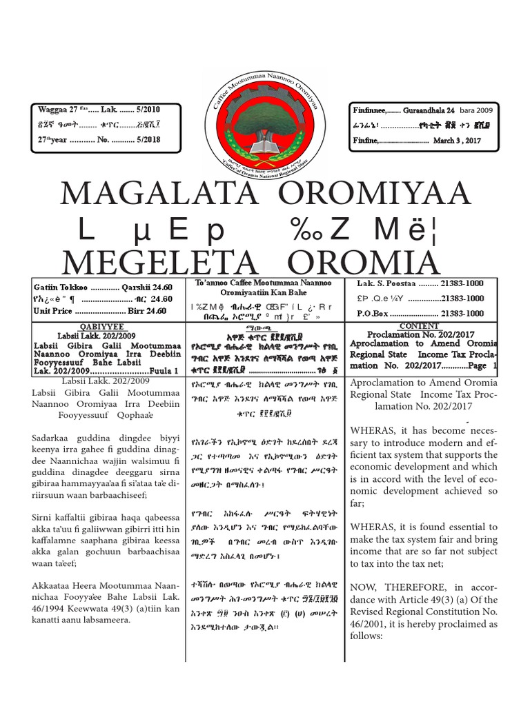 Oromia Income Tax Proclamation 202/2009 | PDF | Public Finance | Trade