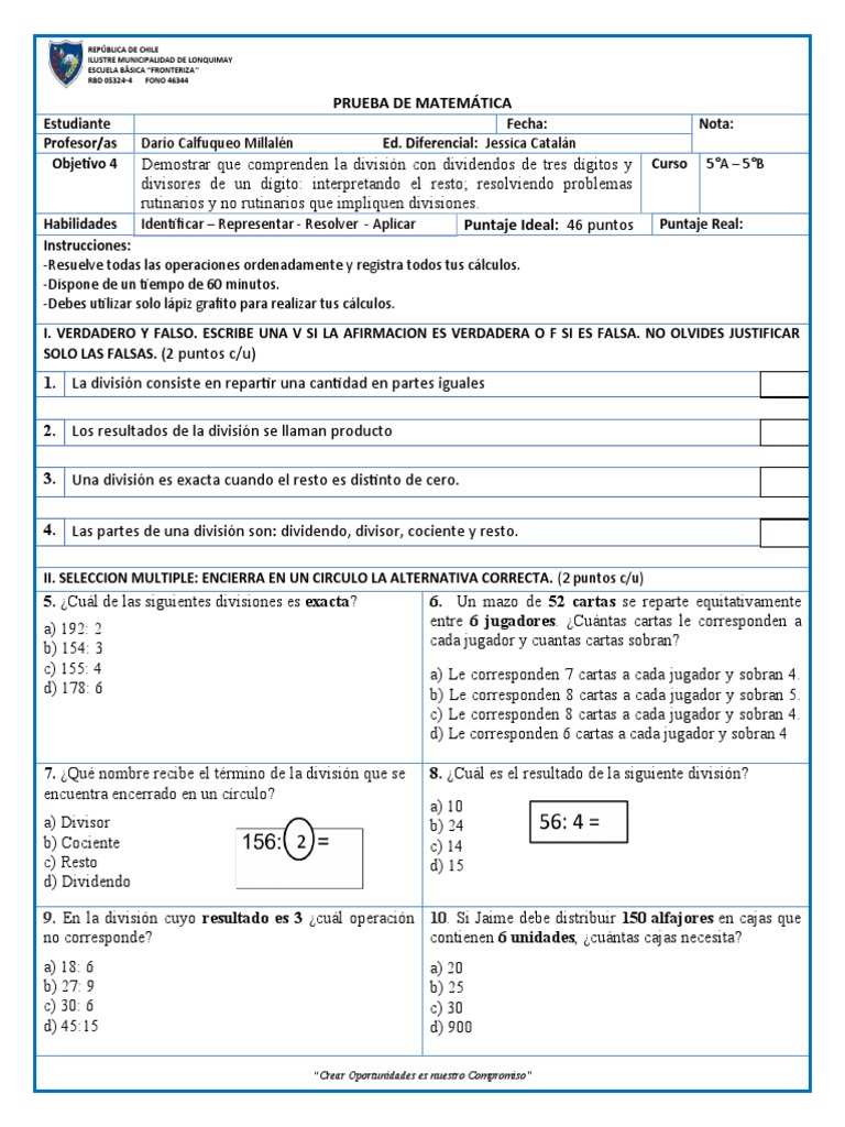 Prueba 5° Divisiones | PDF | División (Matemáticas) | Matemáticas