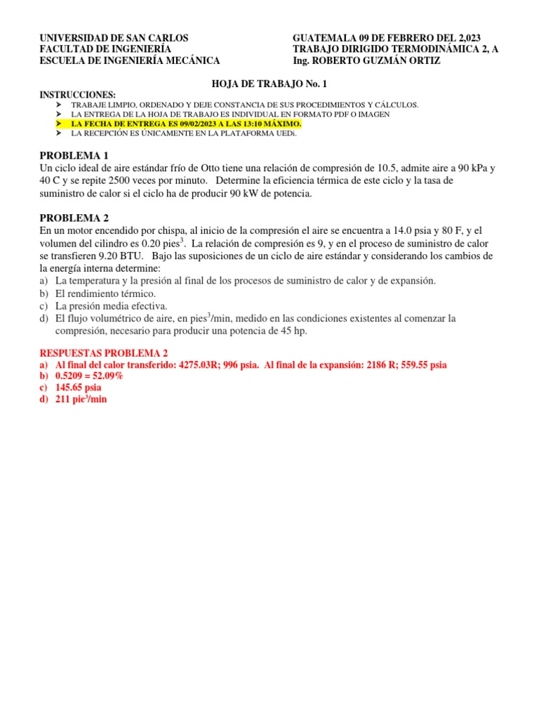 Hoja Trabajo No. 1, Trab - Dirig - Termo - 2 - A, 09 - Feb - 2023 | PDF