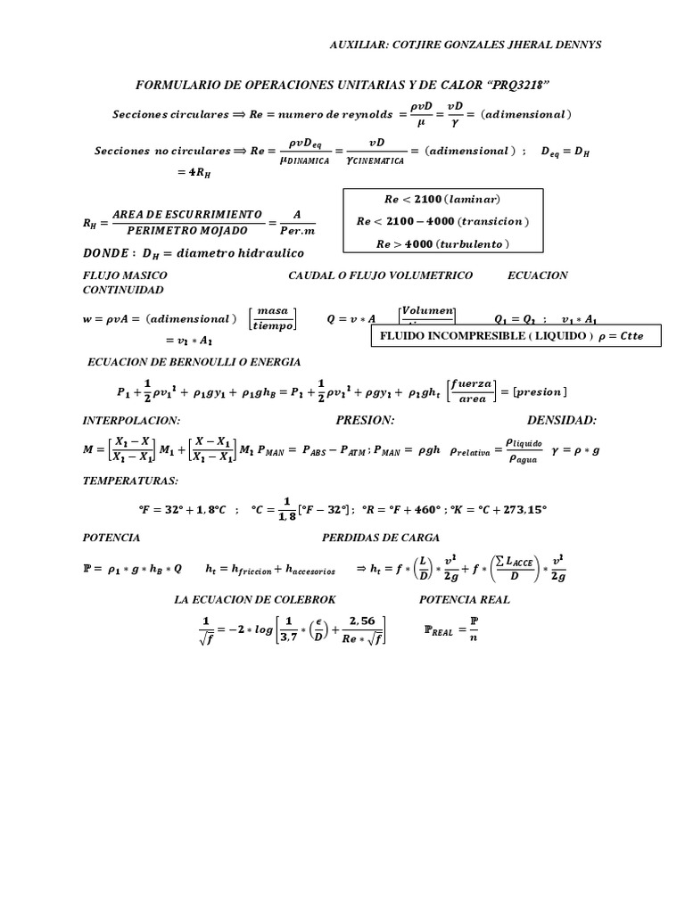 Formulario de Operaciones Unitarias y de Calor | PDF