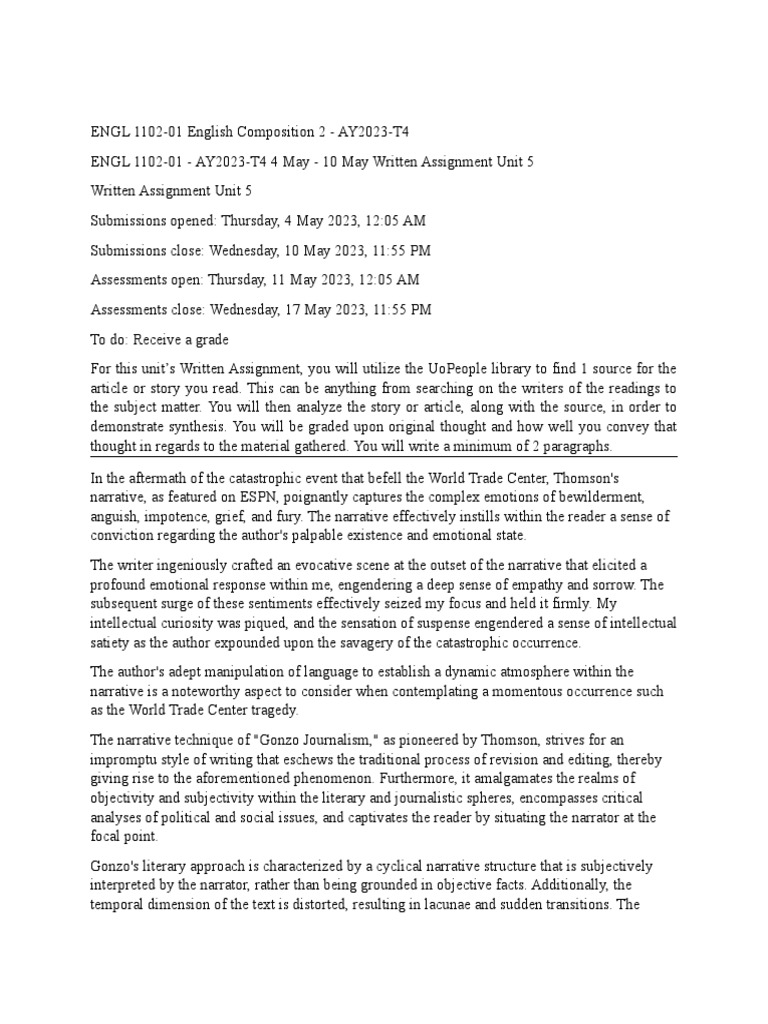 ENGL 1102-01 - AY2023-T4 4 May - 10 May Written Assignment Unit 5 | PDF ...