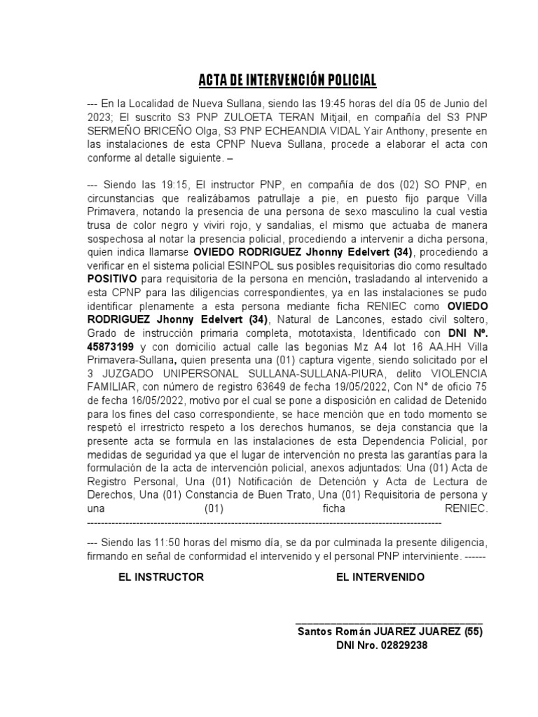 ACTA DE INTERVENCIÓN POLICIAL Y REQUISITORIA DE PERSONA RQ Dipapie | PDF | Gobierno | Justicia