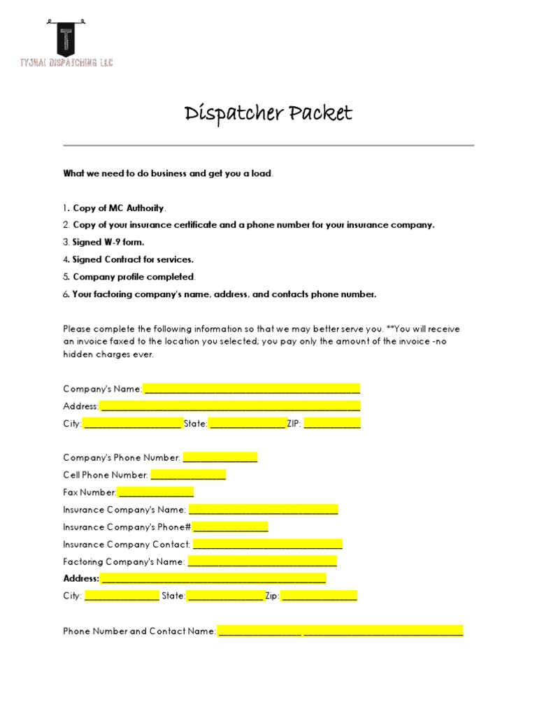 Dispatcher Carrier Agreement Packet | PDF | Credit Card | Common Carrier