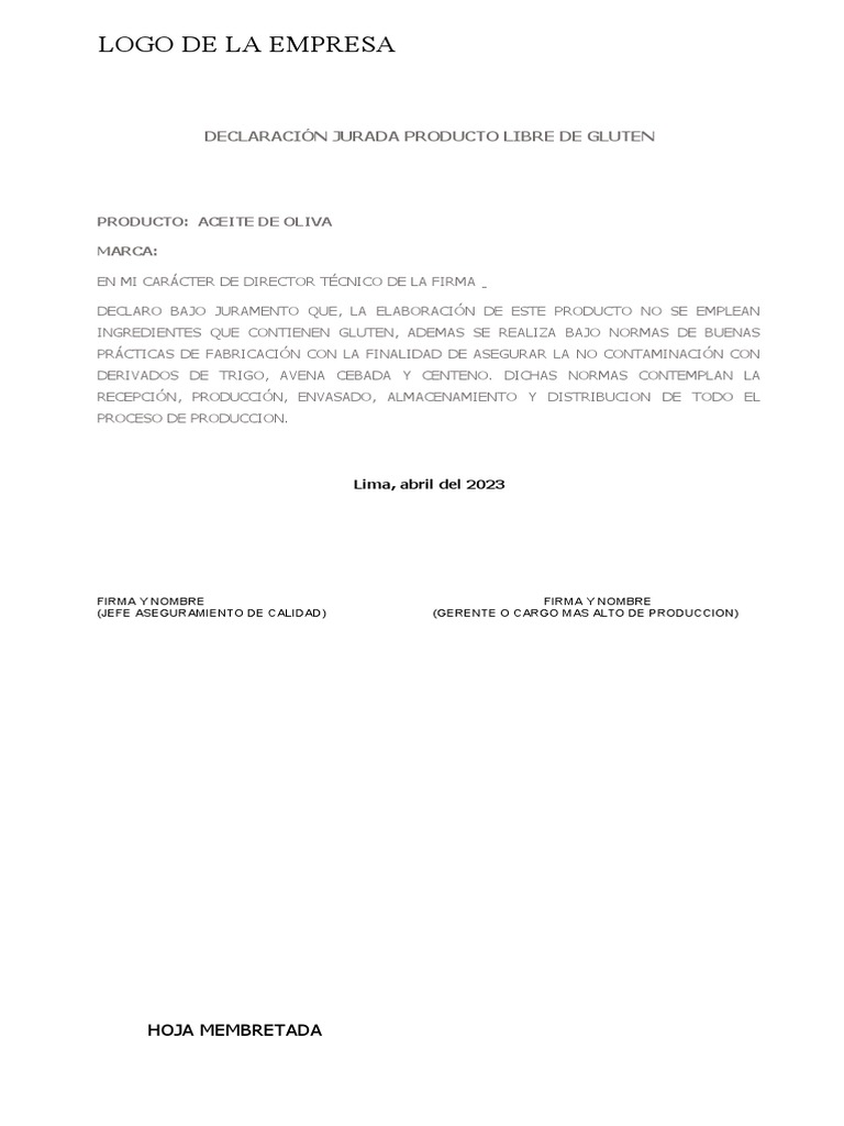 Modelo Declaracion Gluten | PDF