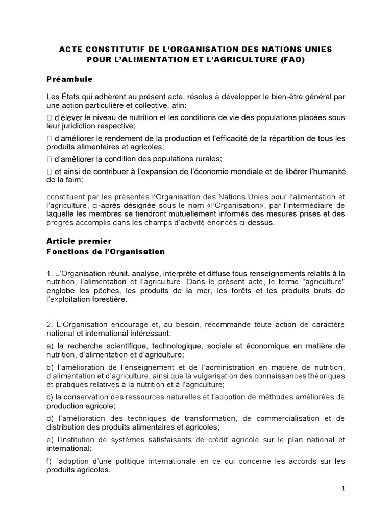 05-ACTE CONSTITUTIF DE LA FAO | PDF
