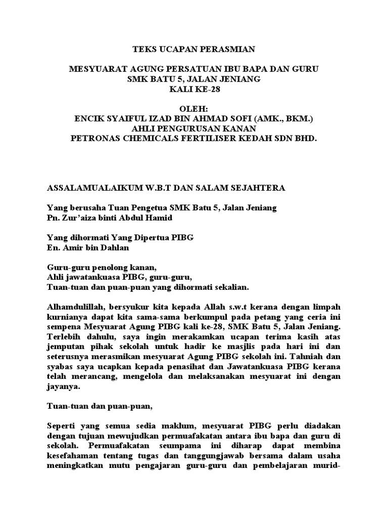 Teks Ucapan Perasmian Pibg | PDF