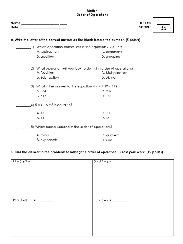 Order of Operations Test | PDF