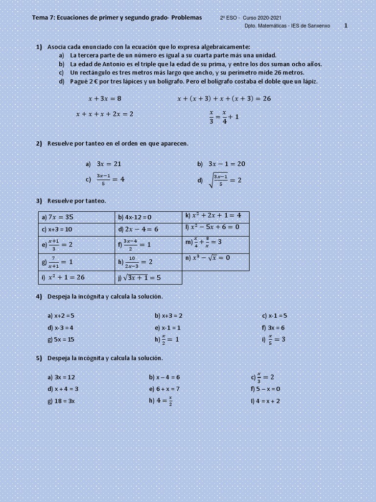 Boletín Tema 7 Ecuaciones y Problemas | PDF